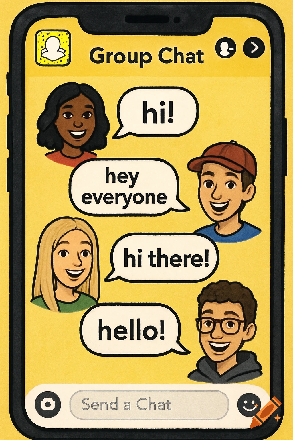 Cartoon illustration of a Snapchat group chat with illustrated avatars ...