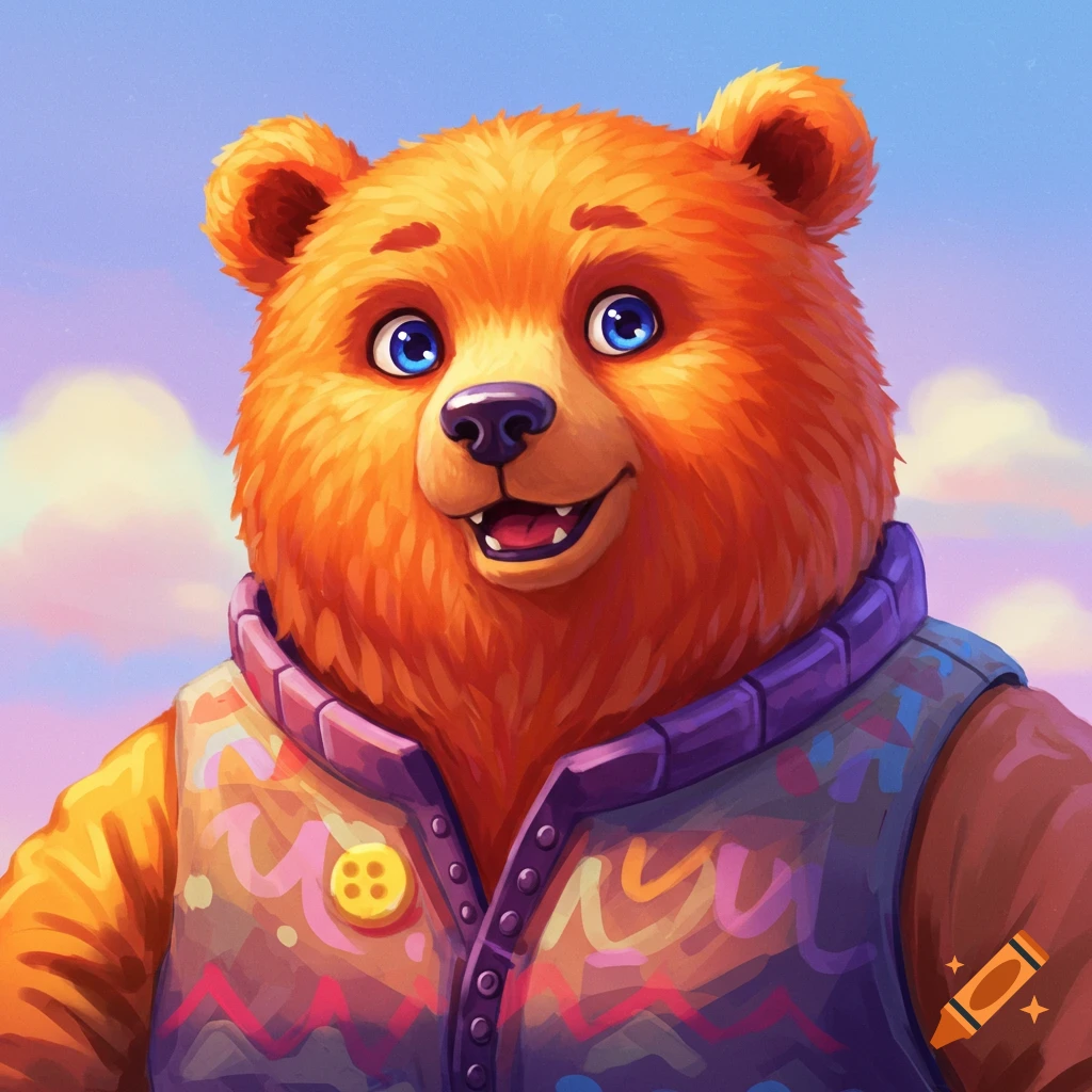 Close-up of a smiling orange cartoon bear wearing a colorful patterned ...