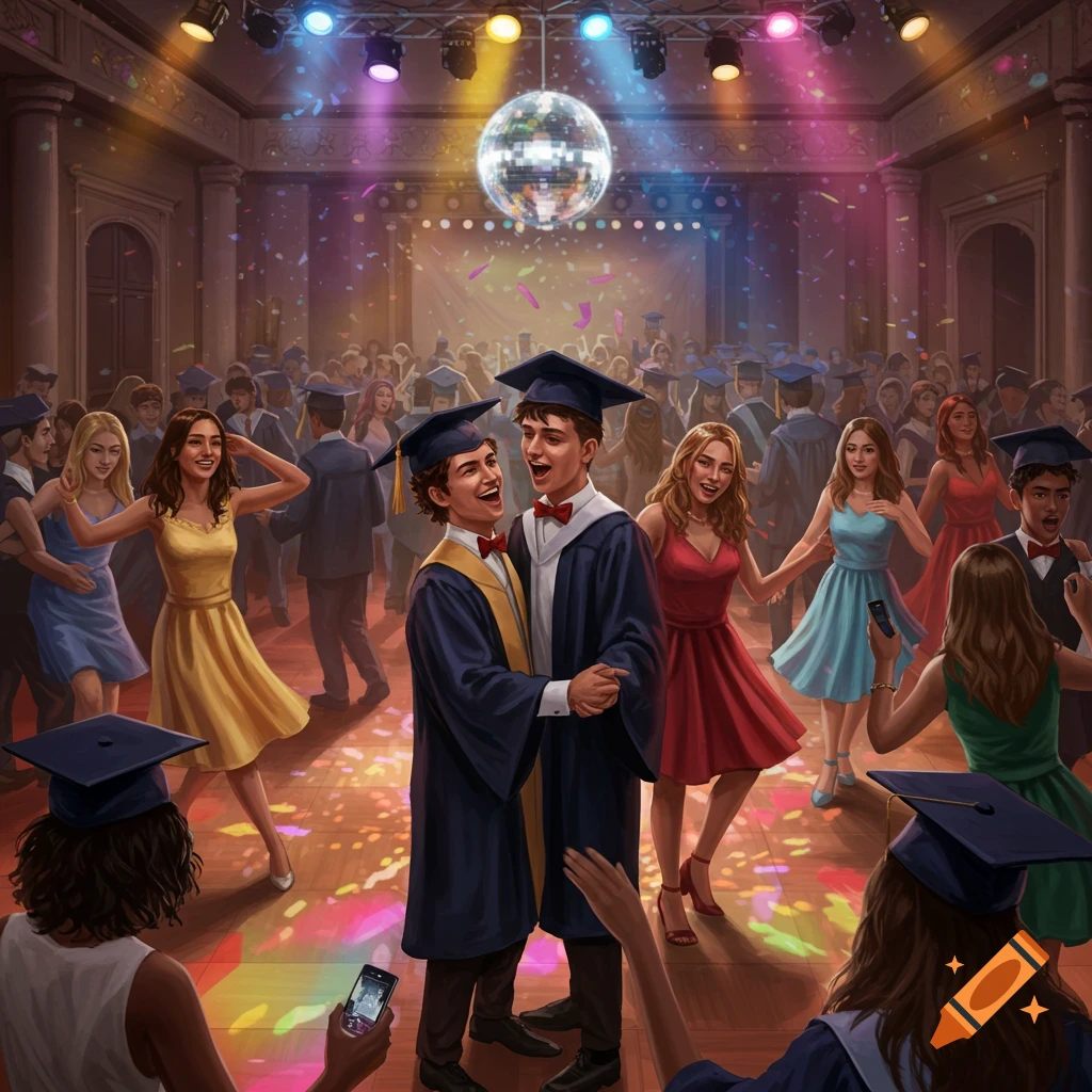 A diverse group of students in graduation caps and gowns dance in a ...