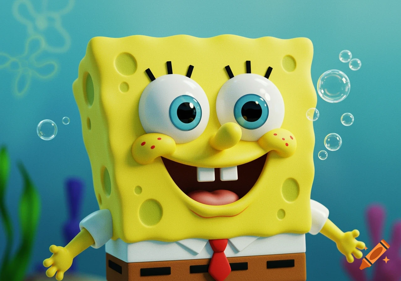 Close-up 3D render of a happy Spongebob Squarepants character on Craiyon