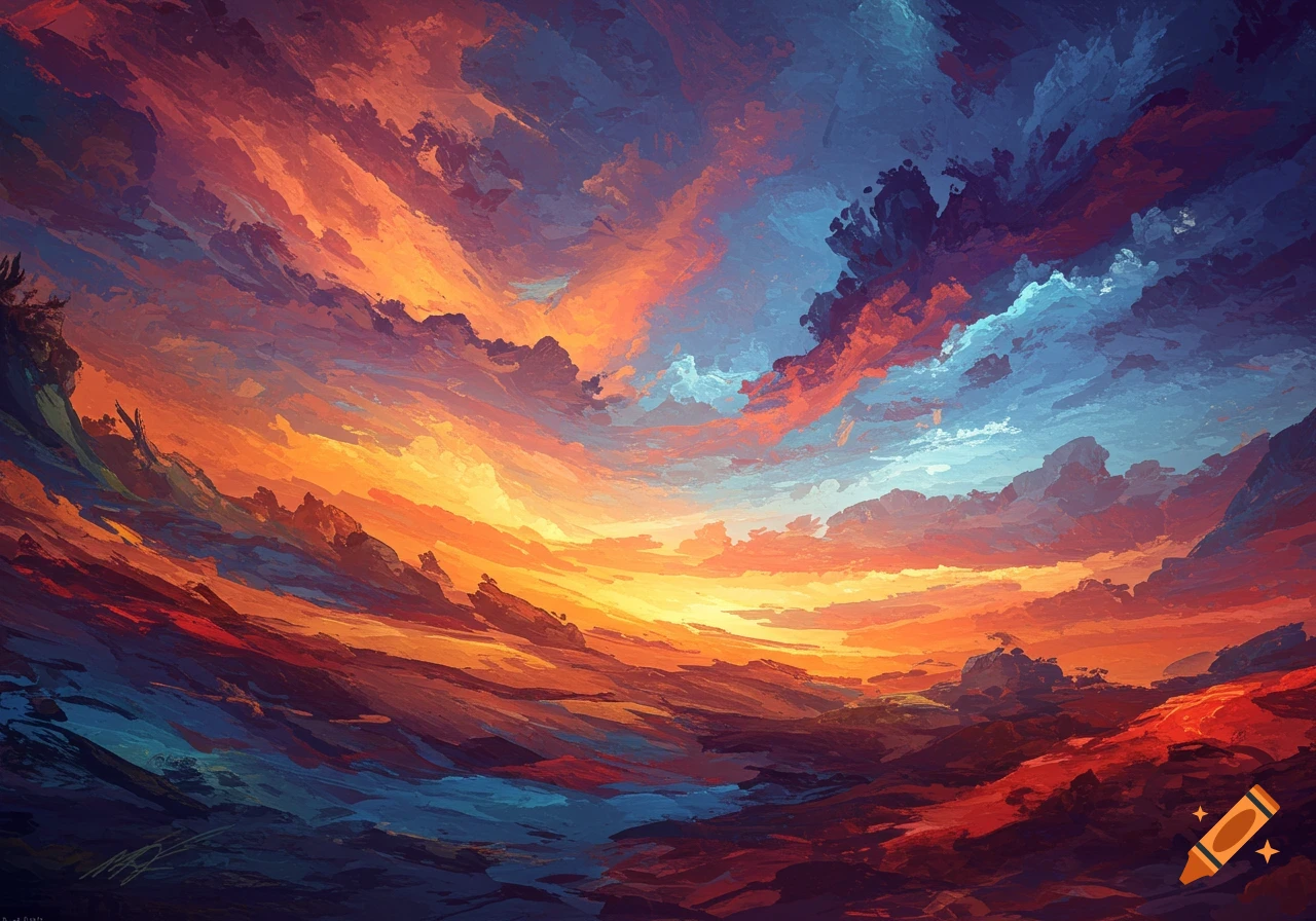 Abstract textured painting of a vibrant sunset landscape. on Craiyon