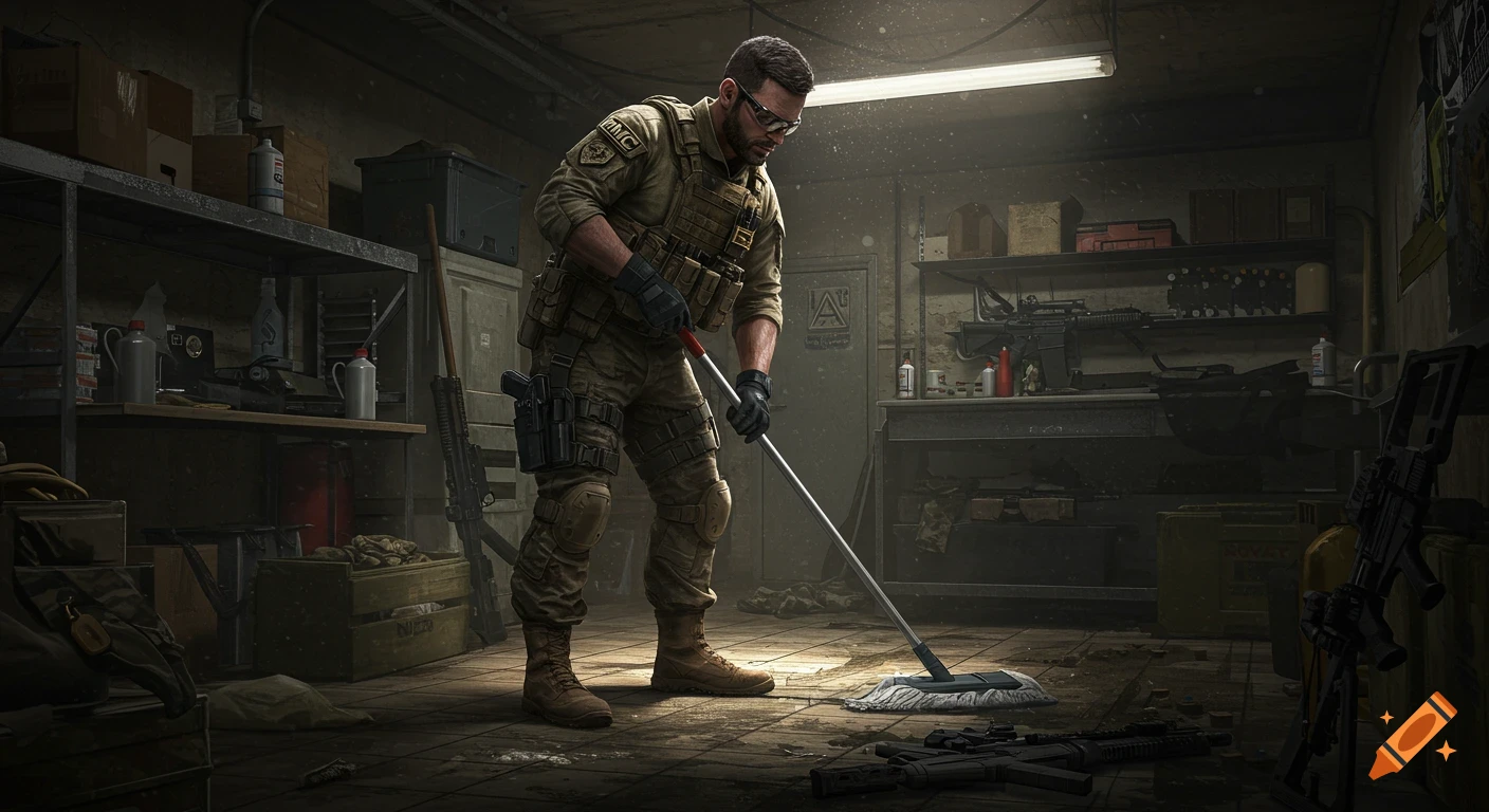 A gritty soldier in tactical gear mops the floor of a messy, dimly lit ...