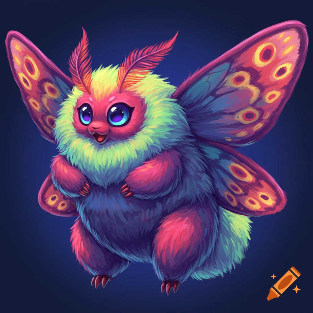 A cute, fluffy creature resembling a moth with large colorful wings and ...
