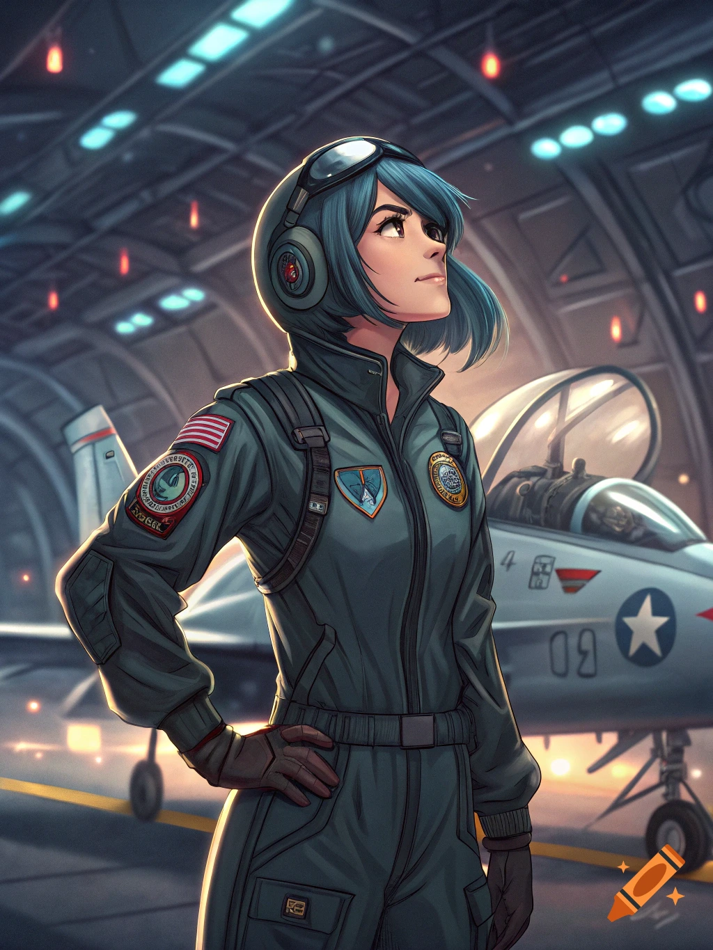 Anime illustration of a woman pilot in a flight suit standing next to a ...