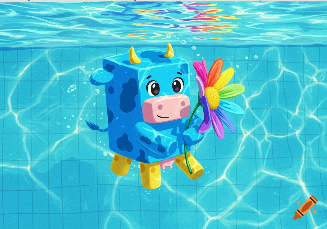 A blue cube cow holding a rainbow flower underwater in a swimming pool ...