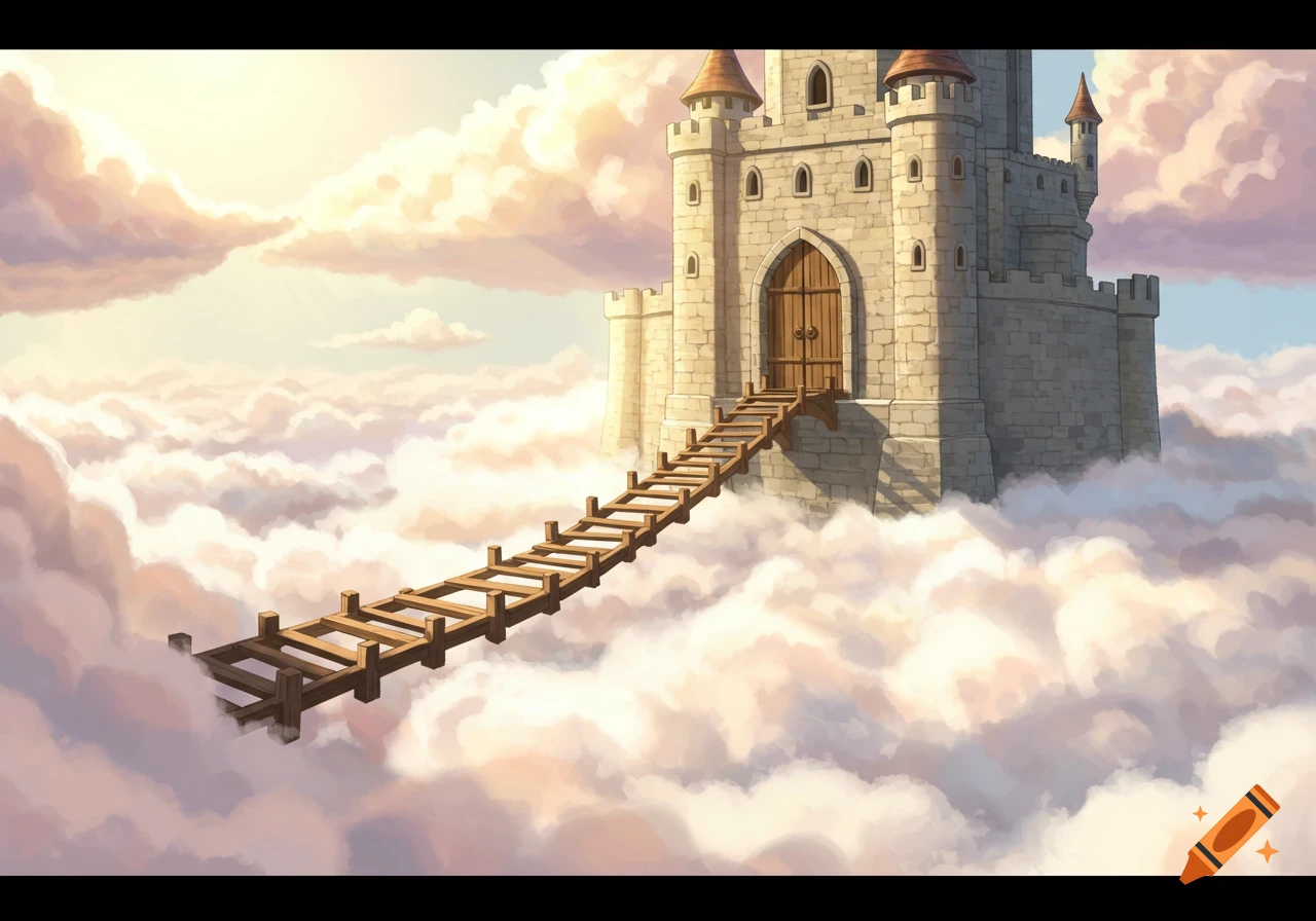 Castle floating on clouds with a ladder leading to the gate, painted ...