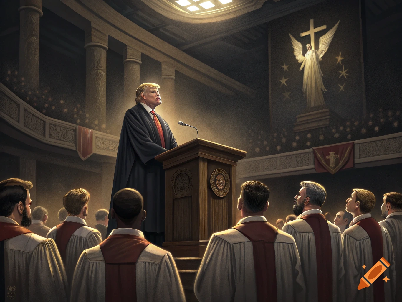 Donald Trump speaks from a podium to a crowd in a grand hall with a ...