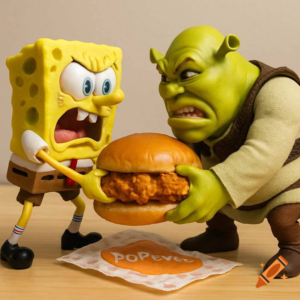 Detailed action figures of SpongeBob and Shrek fight over a chicken ...