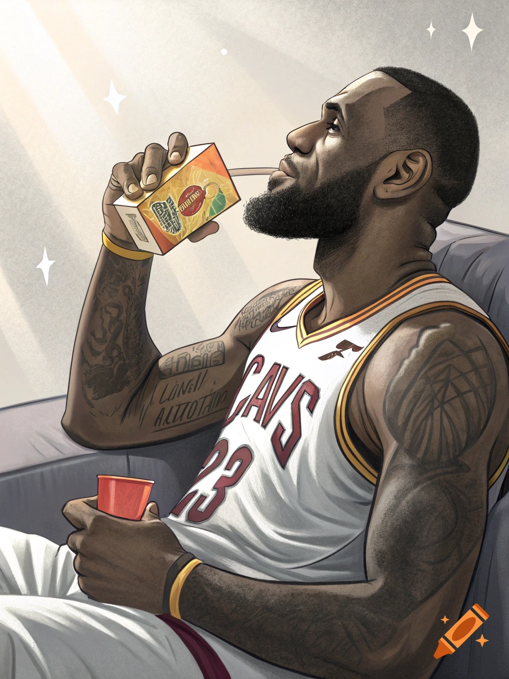 Illustration of Lebron James in a Cavaliers jersey drinking from a ...