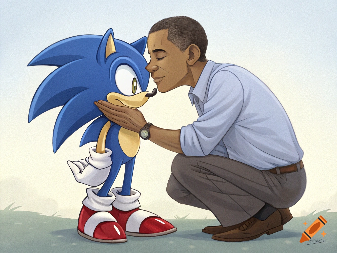 Illustration of Barack Obama kneeling and touching Sonic the Hedgehog ...