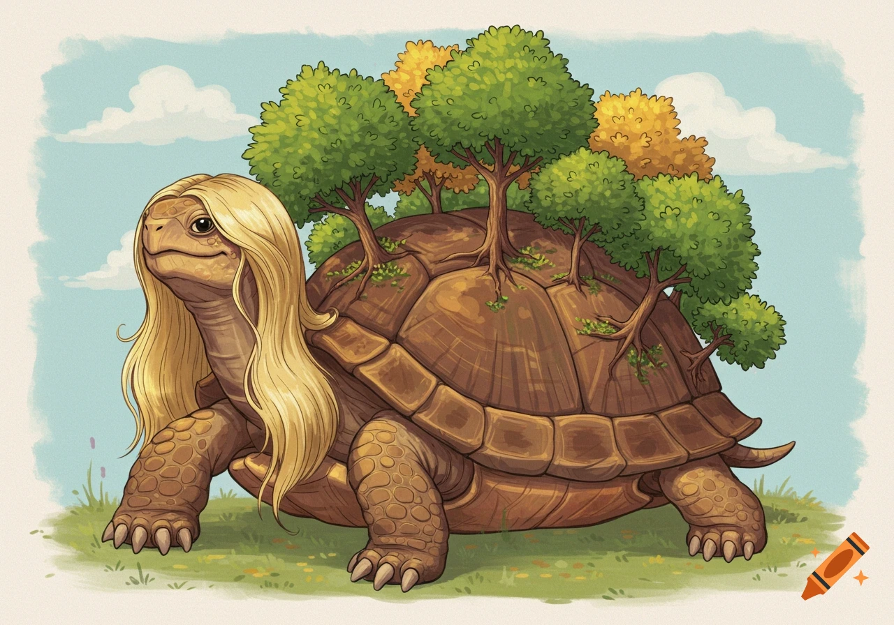 Illustration of a large turtle with long blonde hair walking in a field ...
