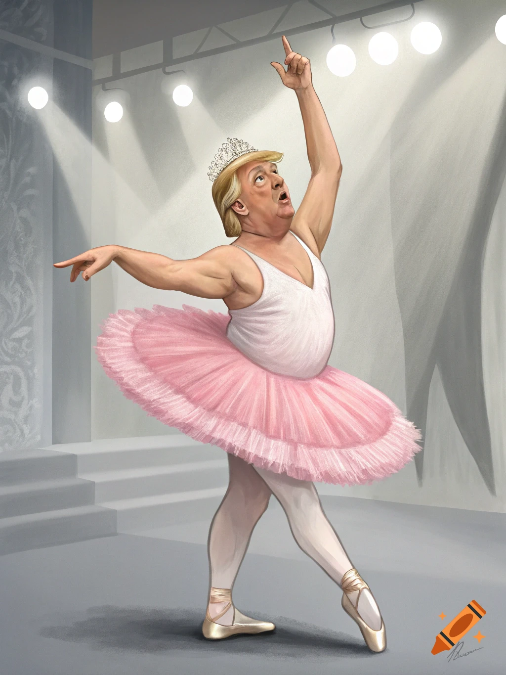 Caricature of Donald Trump in a pink tutu and tiara doing ballet on a ...