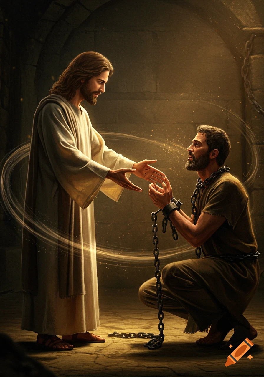 Jesus reaches out to a man in chains in a dungeon-like setting. on Craiyon