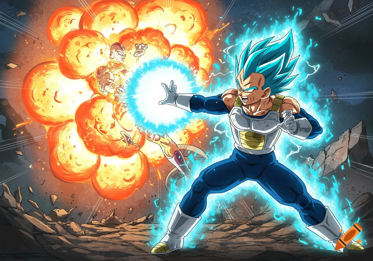Vegeta in Super Saiyan Blue form blasts Frieza during a large explosion ...