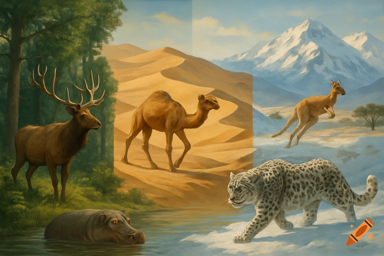 Painting of a composite landscape showing an elk in a forest, a camel ...
