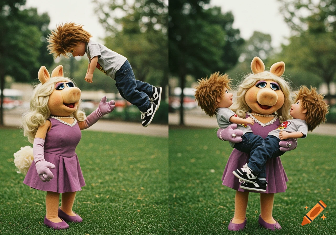 Miss Piggy puppet interacting with two smaller human-like puppets ...