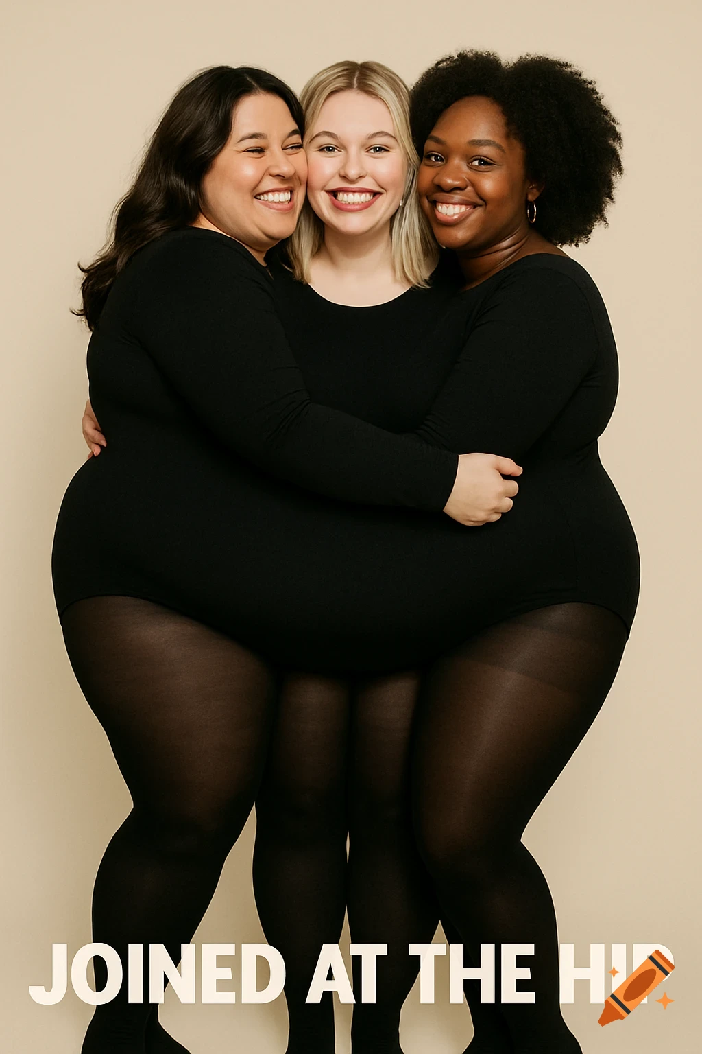 Three women embrace, merging into one body, with the text 'JOINED AT ...