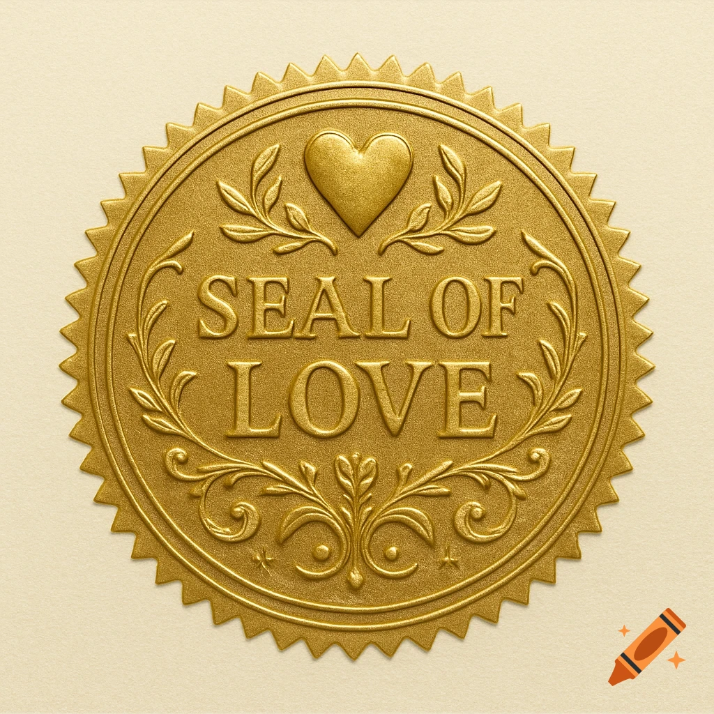 A gold embossed seal with a heart and the words "SEAL OF LOVE". on Craiyon