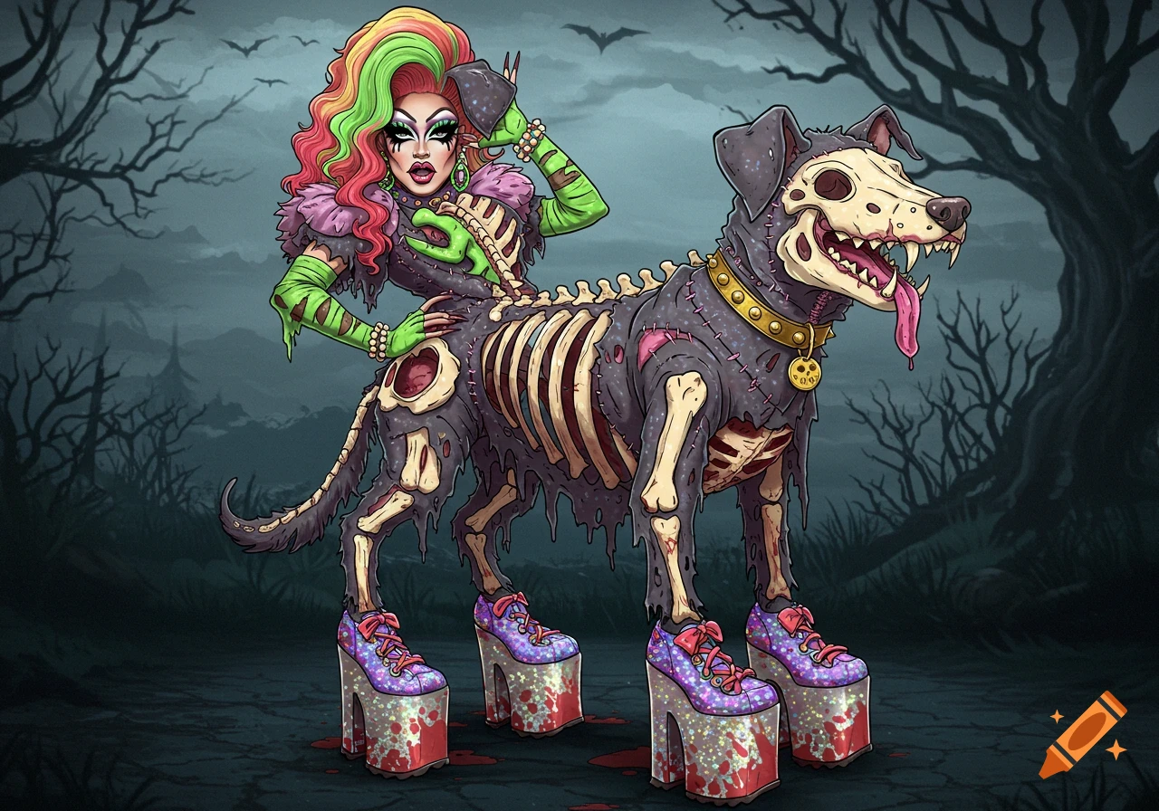 Illustration of a drag queen with colorful hair riding a skeletal ...