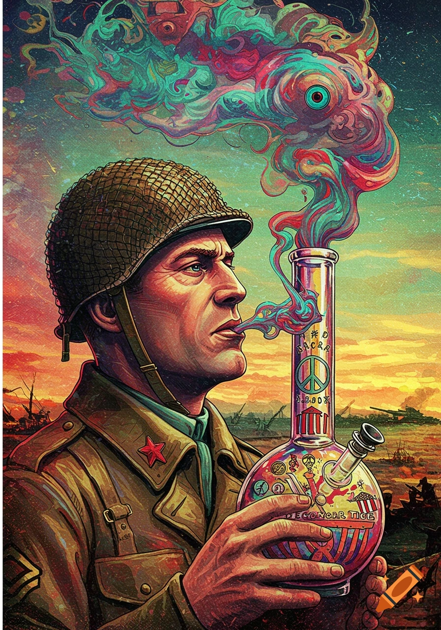 Illustration of a soldier in a helmet smoking a psychedelic bong with a ...