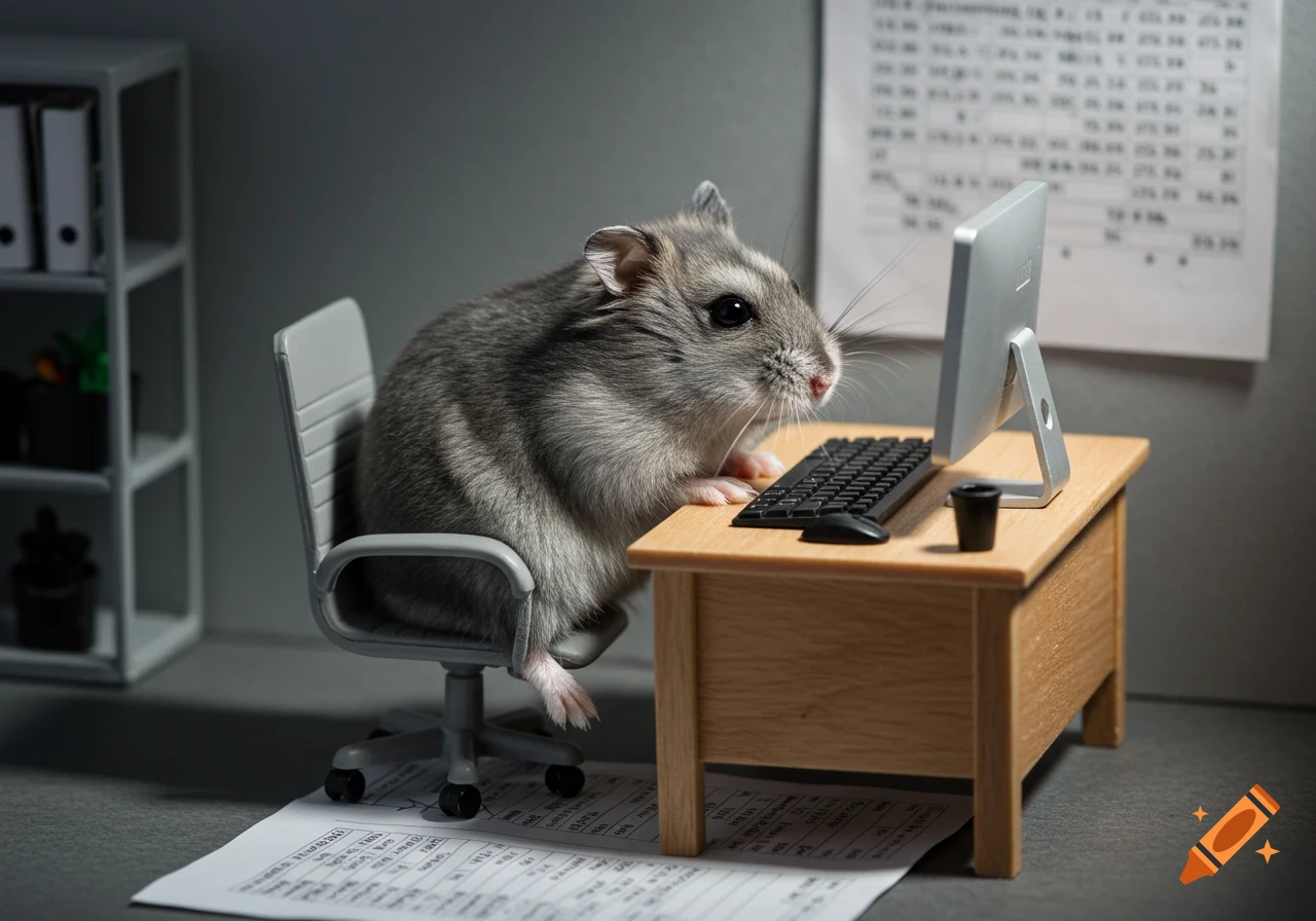 A photorealistic hamster sits at a tiny desk in an office, looking at a ...