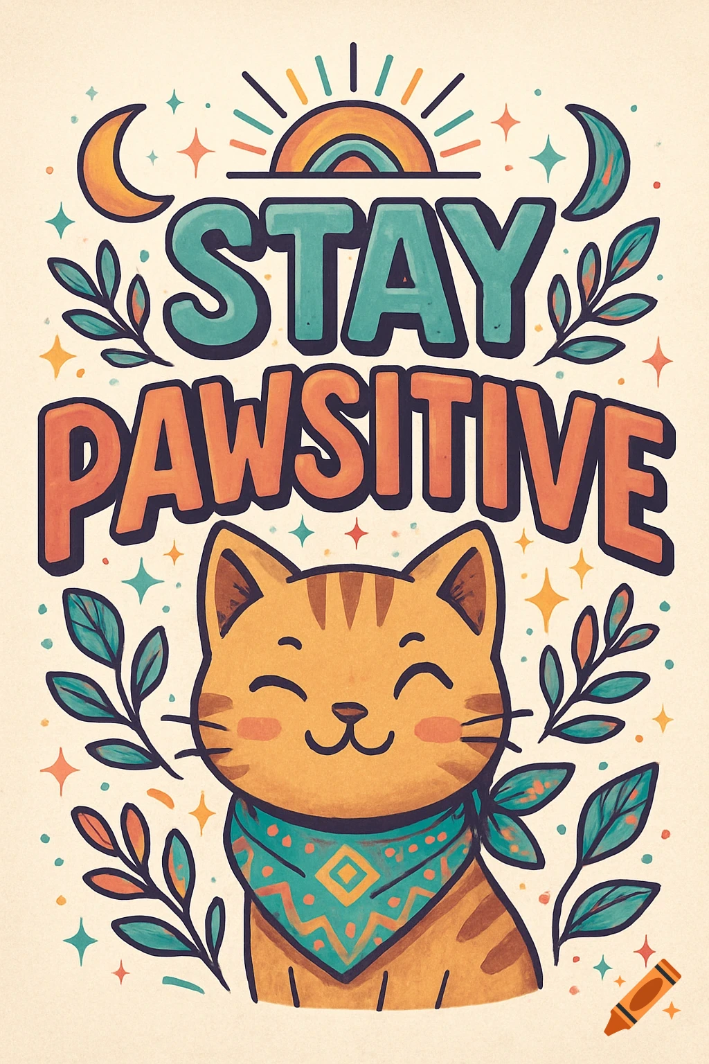 Cartoon cat with 'Stay Pawsitive' text and decorative elements in a ...
