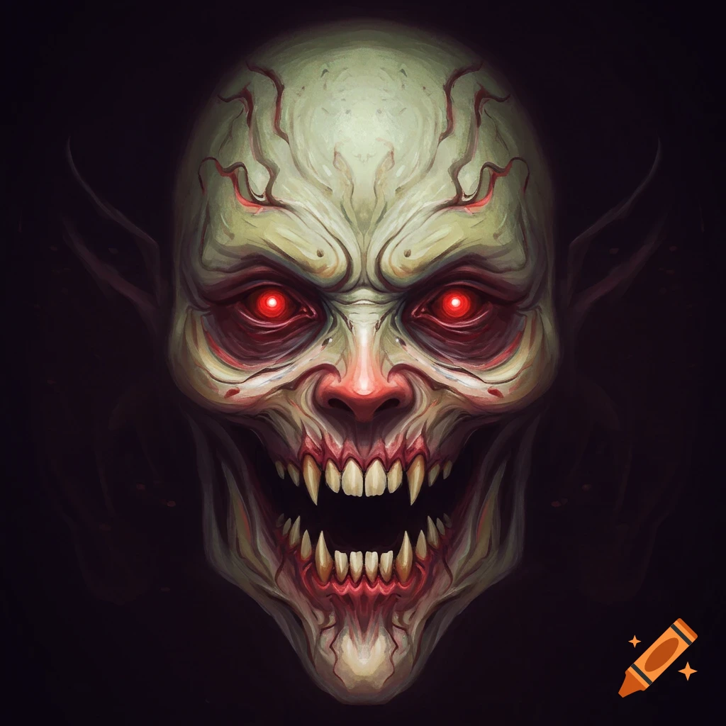 A close-up painting of a scary monster face with red eyes, pale skin ...