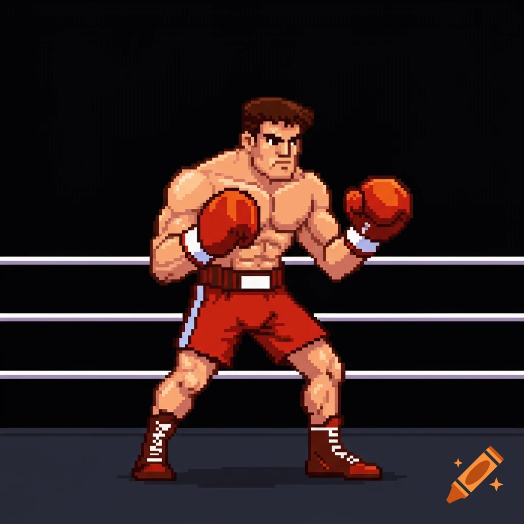 Pixel art illustration of a muscular boxer wearing red shorts and ...
