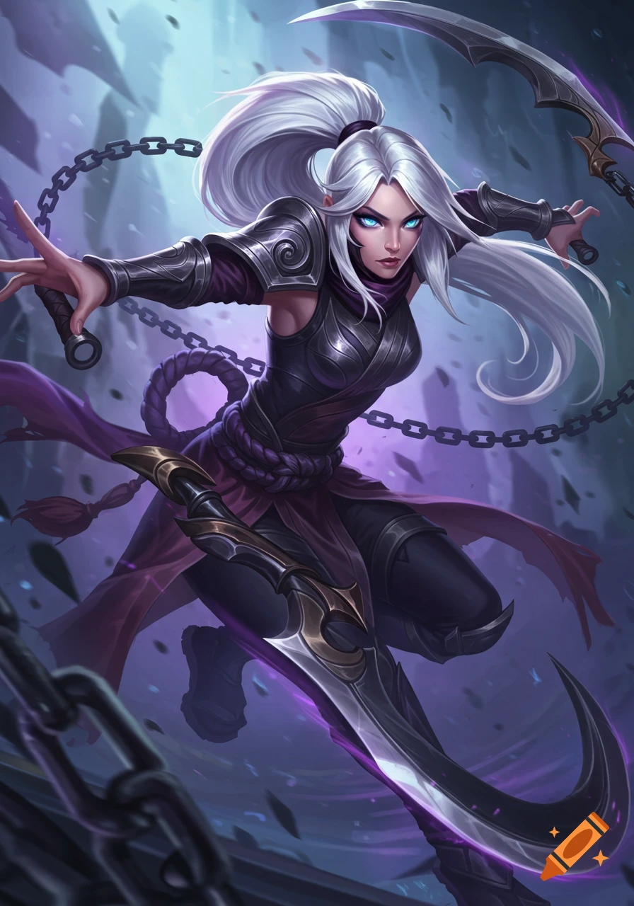 Female fantasy character with white hair wielding chained kunai in ...