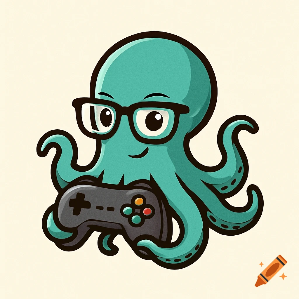 Cartoon octopus wearing glasses and holding a game controller. on Craiyon