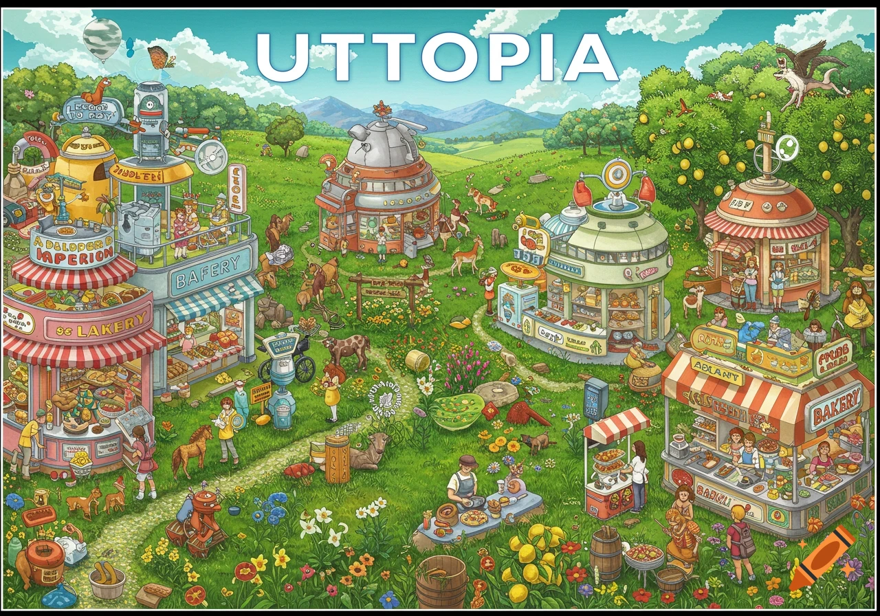Detailed, whimsical illustration of a futuristic utopia landscape with ...