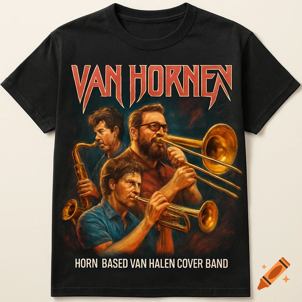 A black t-shirt with an illustration of musicians playing horns. Text reads "VAN HORNEN HORN ...