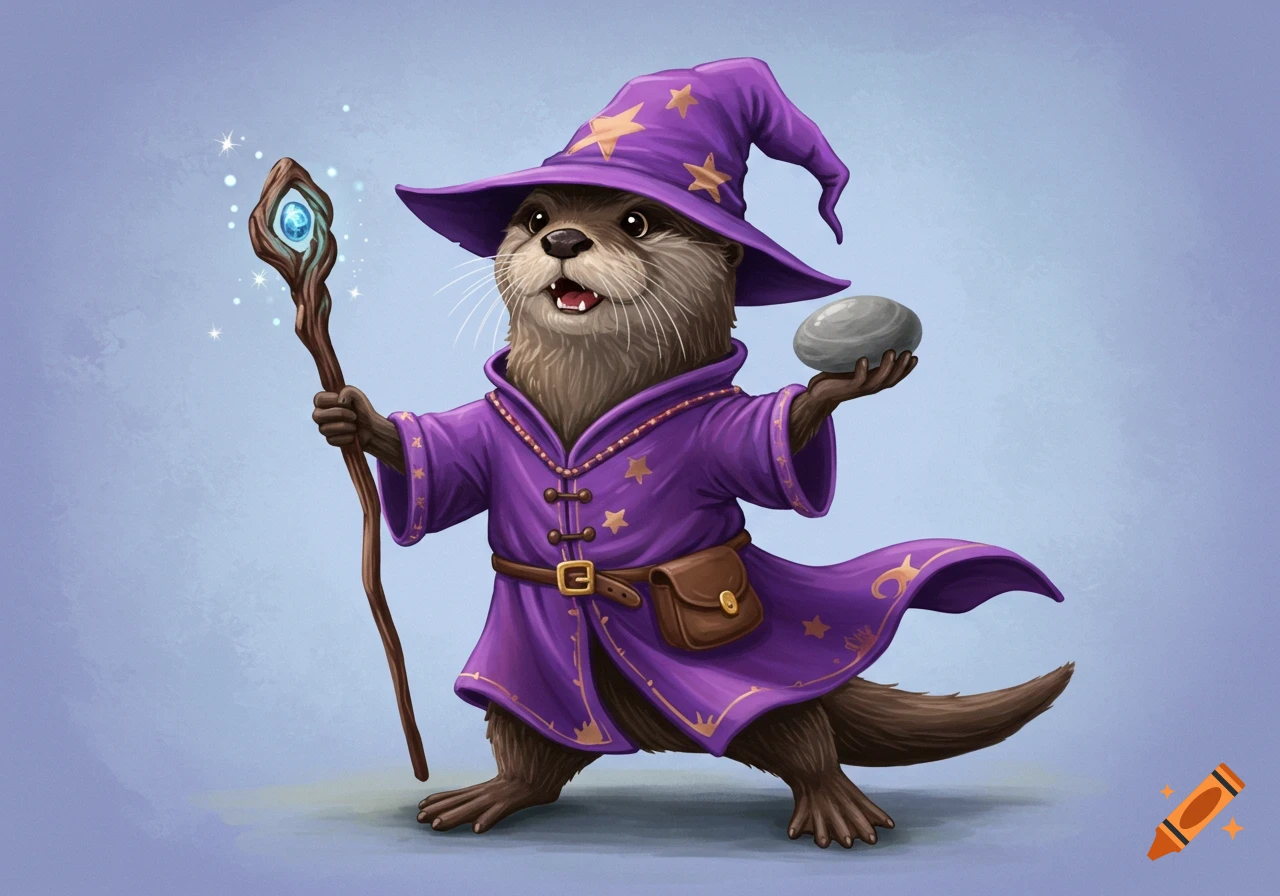 A cartoon otter wearing a purple wizard robe and hat, holding a magical ...