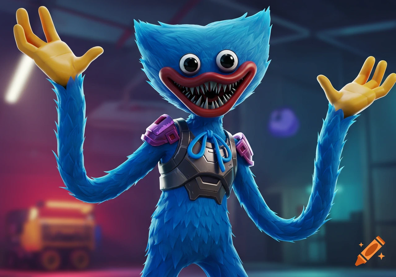 Blue furry character Huggy Wuggy in armor with arms raised, 3D render ...