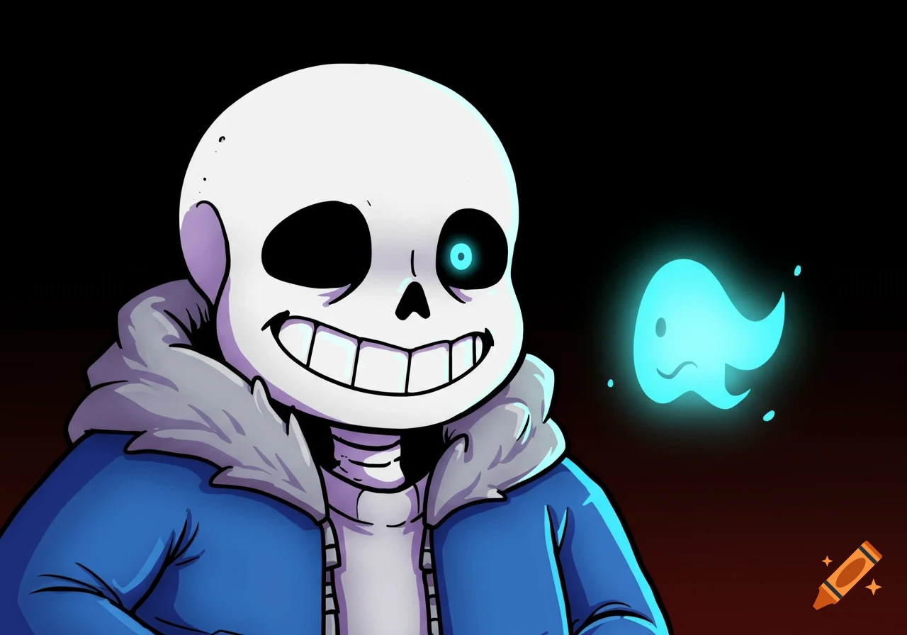 Sans the skeleton character from Undertale smiles, wearing a blue ...
