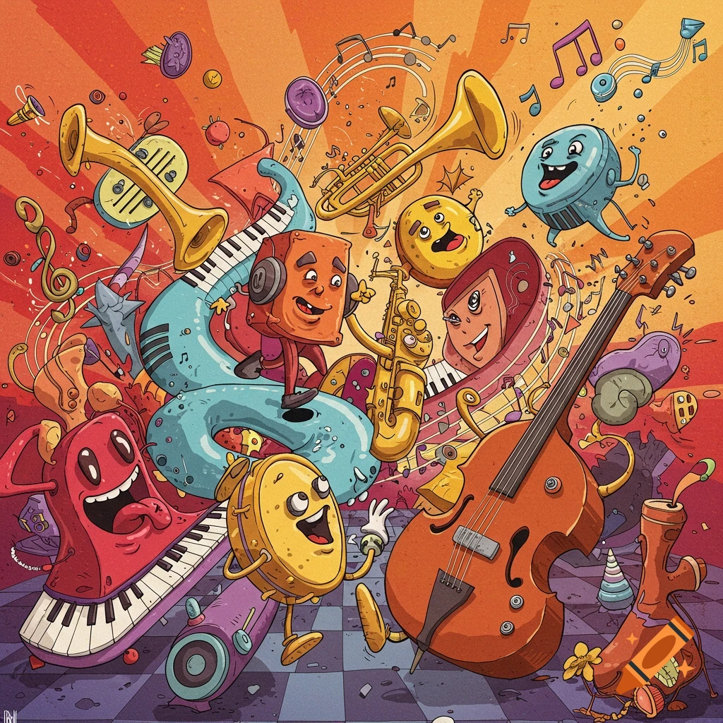 Vibrant cartoon illustration of anthropomorphic musical instruments and ...