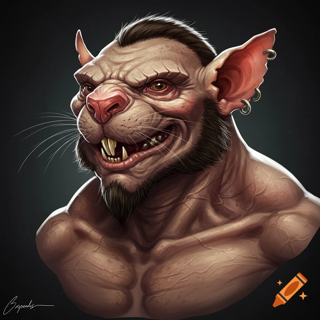 Portrait of a muscular, rat-faced fantasy creature with sharp teeth and ...