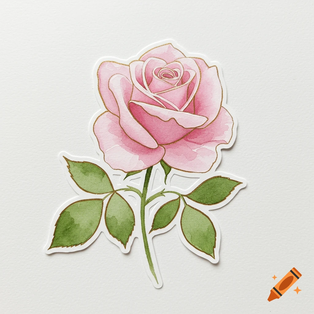 Watercolor pink rose sticker with gold details on a white background ...