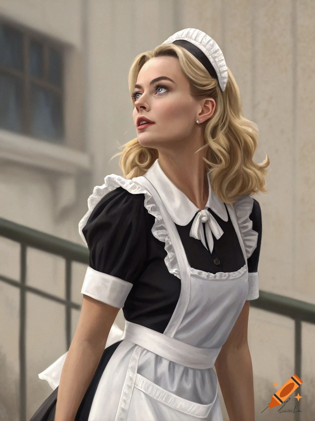 Realistic portrait of a woman in a French maid outfit looking up on Craiyon