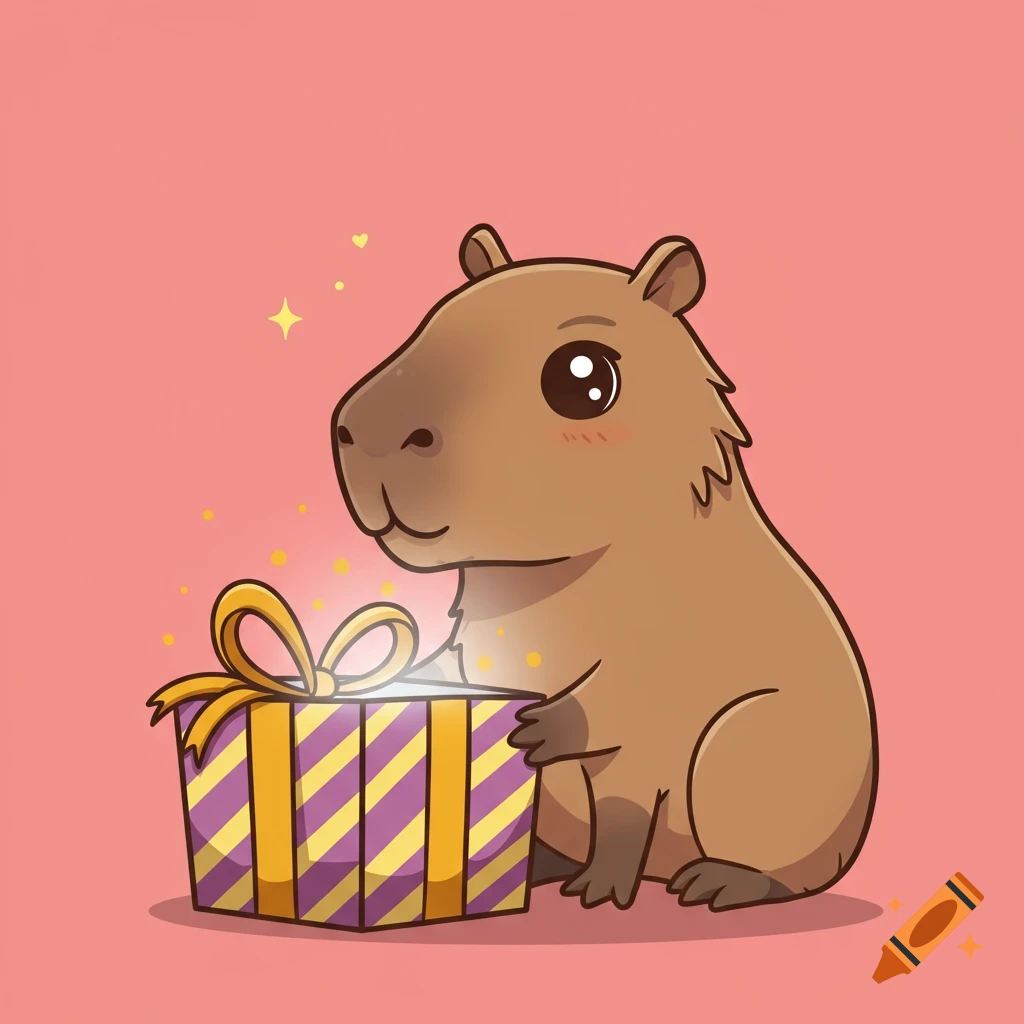 Cute cartoon capybara opening a sparkling gift box on Craiyon