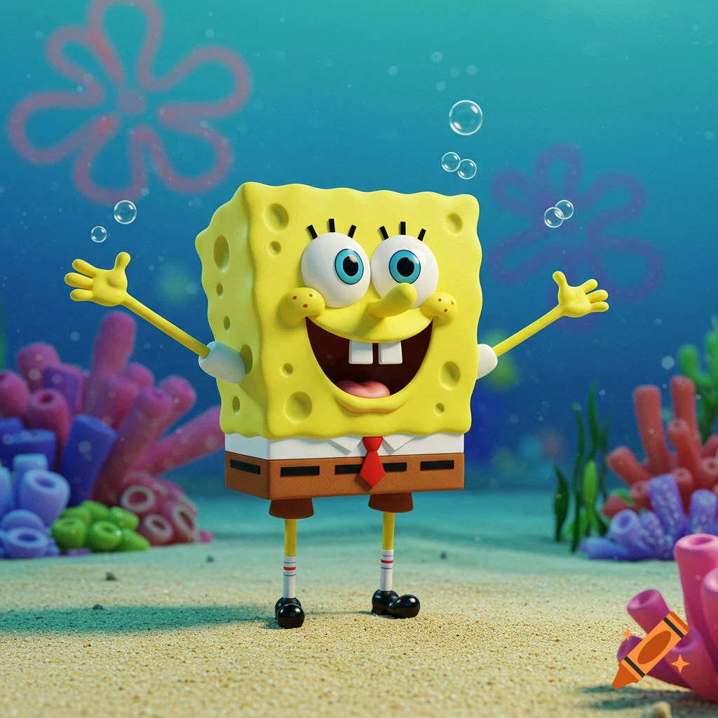 3D render of Spongebob Squarepants underwater, smiling on Craiyon
