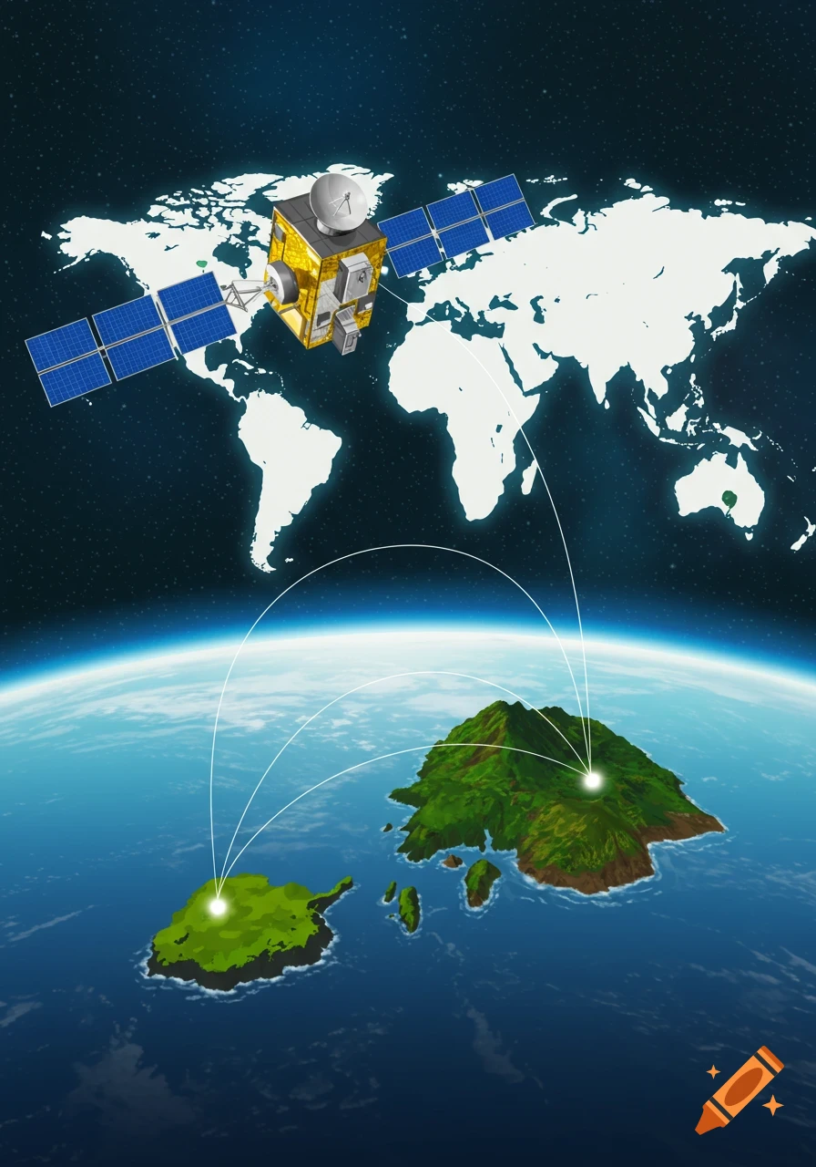 Satellite over a world map connected to two islands on the globe by ...