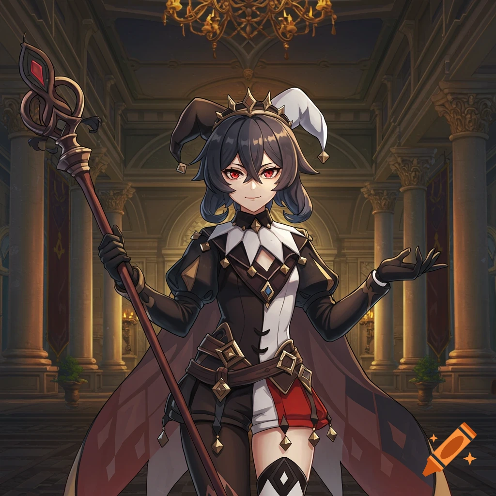 Anime-style illustration of a character in a jester outfit holding a ...