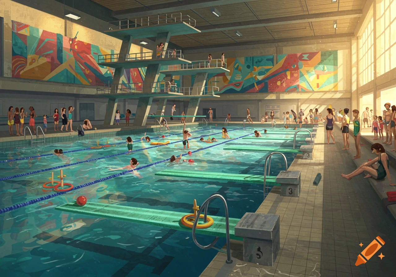 Illustrative scene of a crowded indoor swimming pool with multiple ...