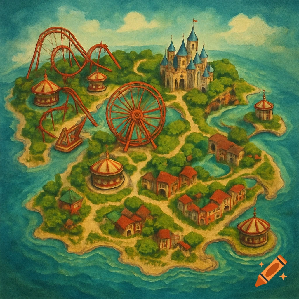 Illustrated map of an island featuring an amusement park with a roller ...
