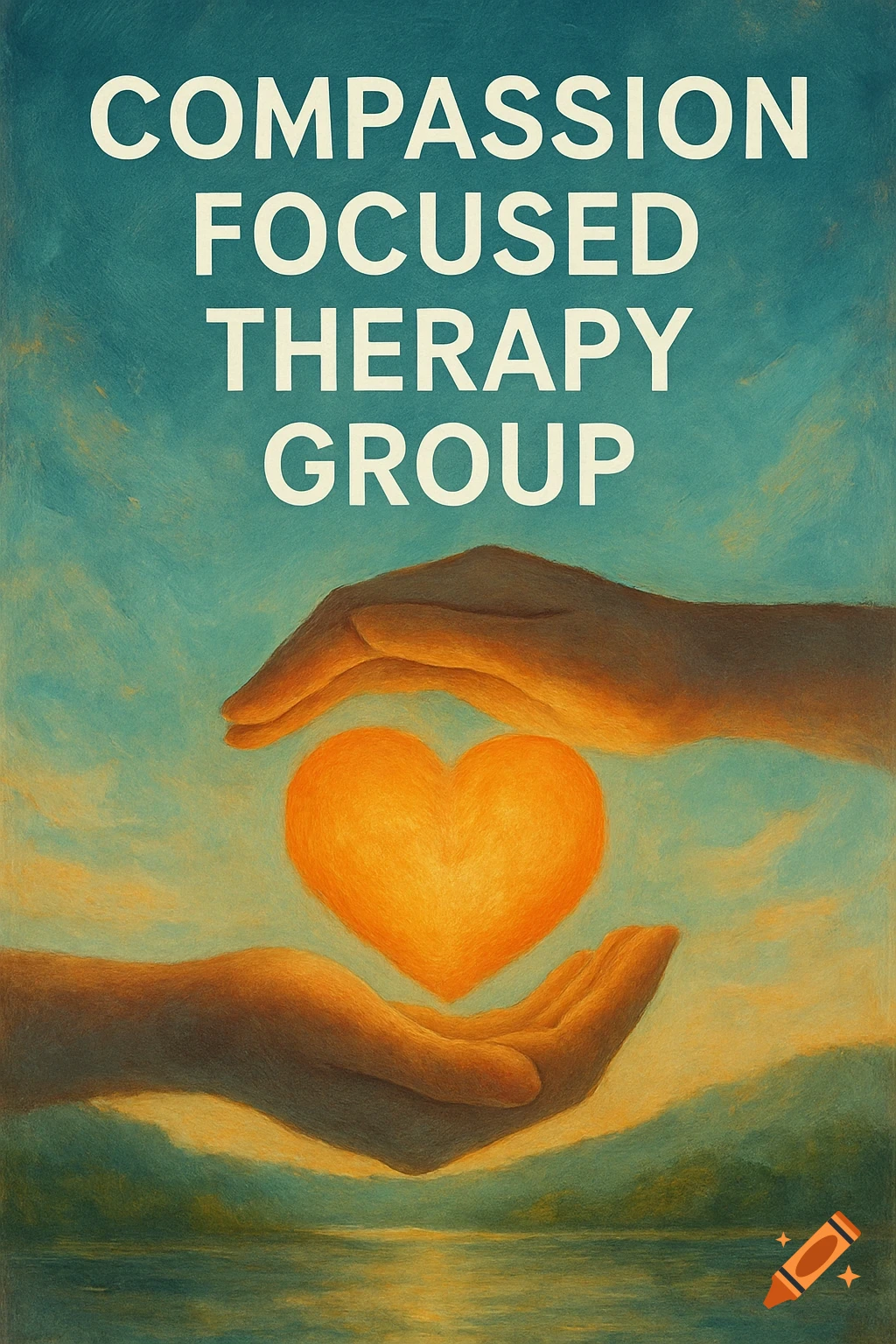 Painting of hands holding a glowing heart with text 'COMPASSION FOCUSED ...