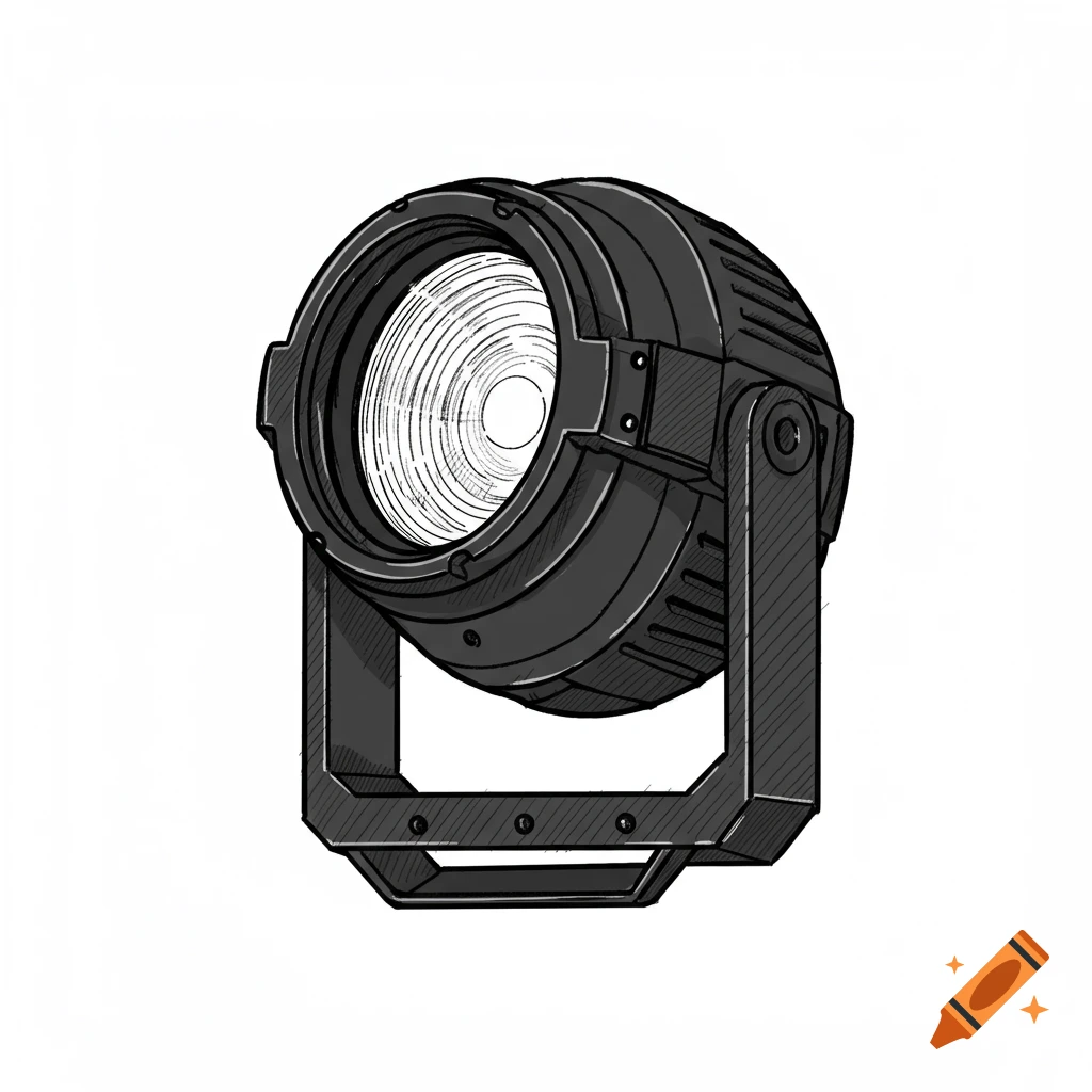 A black and white line drawing illustration of a stage light. on Craiyon