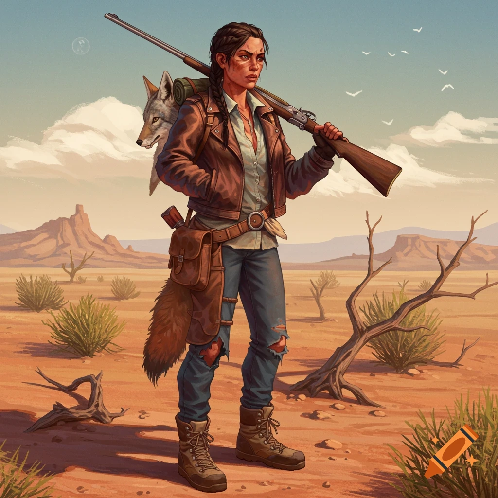 A woman carrying a rifle walks through a desert landscape with a coyote ...