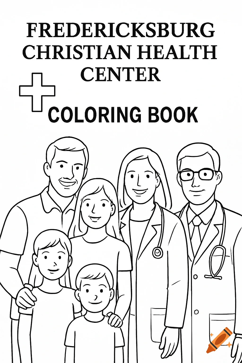 Black and white coloring book page of a family standing with medical ...