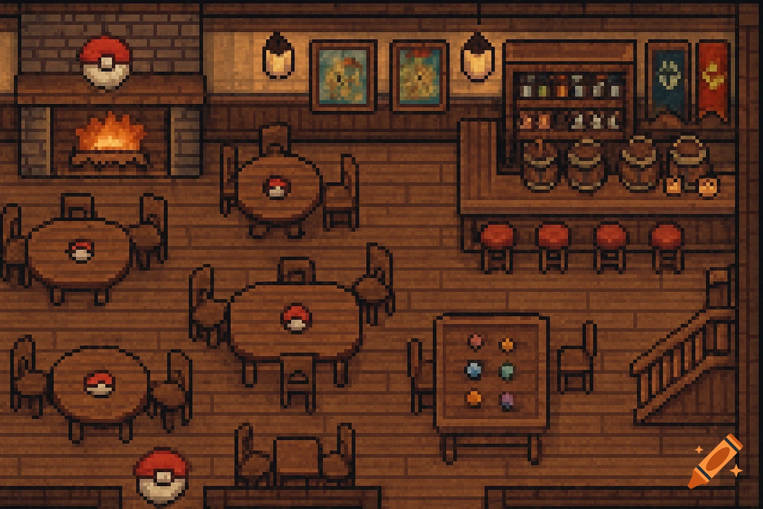 Top-down pixel art view of a Pokémon-themed fantasy tavern with tables ...